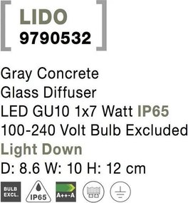 NV 9790532 Venkovní nástěnné svítidlo LIDO šedý beton skleněný difuzor GU10 1x7W IP65 100-240V bez žárovky světlo dolů - NOVA LUCE