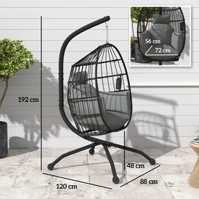 Hängender Outdoor-Schaukelstuhl mit faltbarem Korbsitz und dicken Kissen, Ständer, Kopfstütze, Becherhalter, Schwarz