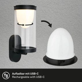BRI 3930015 LED nabíjecí nástěnné svítidlo, venkovní, dotykový vypínač, vyměnitelné baterie, vč. USB-C kabelu, stmívatelné, IP44, černé - BRILONER