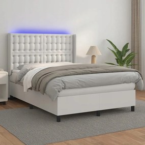 Box Spring Postel S Matrací A Led Umělá Kůže Bílá tlačítka 140 x 190 cm