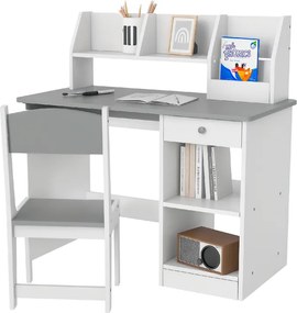 ZONEKIZ dětský psací stůl s ergonomickou židlí s vysouvací přihrádkou na klávesnici, nikami a otevřenými policemi, 90 x 45 x 90 cm šedý