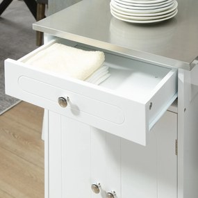 HOMCOM Bílý Kitchen Island Trolley z MDF a nerezové oceli s kolečky, víceúložný, 1 zásuvka, skříňka s 2 dveřmi a držákem na utěrku
