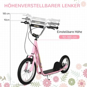 HOMCOM dětská koloběžka s brzdami 16/12 palců, odrazový můstek pro děti od 5 let v růžové barvě, městská koloběžka 135 x 58 x 92-100 cm