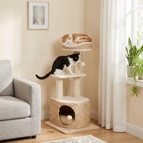 PawHut Škrabadlo Moderní design Pletený styl se škrabacím sloupkem 4 úrovně, rákosová nika, jutový lehátko 87 cm Béžová