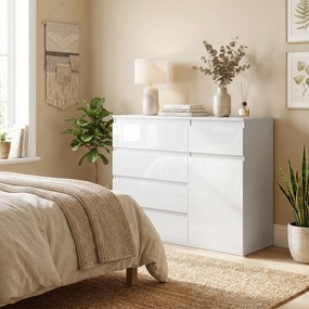 HOMCOM komoda s 5 zásuvkami, nastavitelné police, tlumené dovírání, vysoký lesk — 100 × 40 × 80 cm