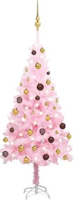 vidaXL Umělý vánoční stromek s LED a sadou koulí 120 cm PVC [3077497] Barva: Růžová