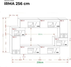 Ral Obývací stěna IRMA 8, 256 cm - Bílý lesk