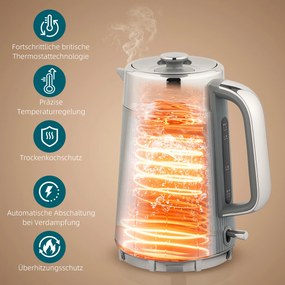 HOMCOM Varná konvice 2200 W, 1,7 l s funkcí rychlého vaření, filtr proti vodnímu kameni a toustovač na 4 plátky s 7 stupni opékání, šedá