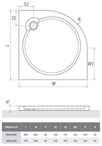 Čtvrtkruhová samonosná sprchová vanička DREAM FLAT 60 mm S 800 × 800 R550 DREAM FLAT 800 80 cm 80 cm 8000284