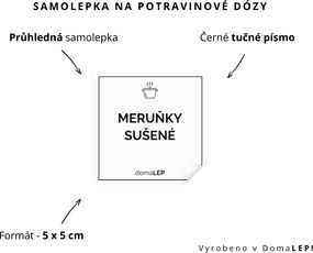 MERUŇKY SUŠENÉ - omyvatelná samolepka na dózu, výběr rozměrů Ø 5 cm / 5 x 5 cm / 6 x 8 cm | DomaLEP tvar: KOLEČKO, barva: PRŮHLEDNÁ - ČERNÉ písmo, velikost: Ø 5 cm - tučné písmo