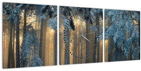 Obraz zasněženého lesa (s hodinami) (90x30 cm)