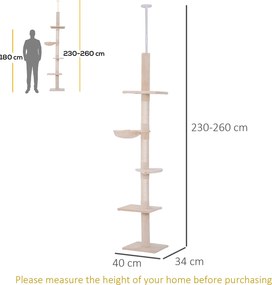 PawHut škrabadlo stropní, H230-260 cm, výškově nastavitelný strom pro kočky, stabilní, béžový| Aosom