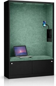 Kancelářská akustická kabina se sedátkem a USB-C portem, korpus černý / sedák zelený, 1150 mm: SALLY MentalBox