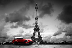 Vícedílný obraz Černobílý Pohled Na Eiffelovu Věž A Retro Auto Nedostatek Nedostatek Přírodní plátno 120x80