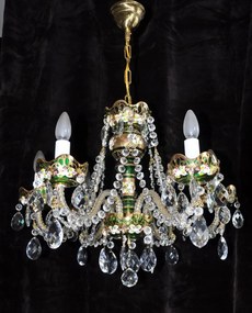 6 Arms Green enamelled crystal chandelier with glass flowers