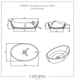 CERANO - Umyvadlo na desku z litého mramoru Gaia - černá matná - 55x35 cm