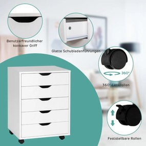 Costway Pojízdný kontejner s 5 zásuvkami Mobilní kartotéka s kolečky, bílý