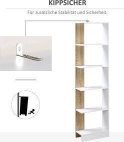 HOMCOM Regál na Knihy s 5 Policemi, Multifunkční Knihovna pro Studium a Kancelář s Zvýšeným Podstavcem, Elegantní Design 45x21x170 cm, Bílá a Dub