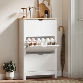 HOMCOM skříňka na boty výklopný botník 3 klapky na 18 párů bot prostorově úsporná v bílé a přírodní barvě 72 x 26 x 112 cm do předsíně a vstupních pr…