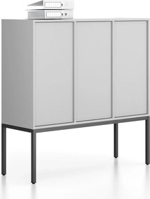 Kancelářská skříň FRAME, nízká, černá podnož, 3x dveře, 1299 x 450 x 1331 mm, PUSH-lock, šedá