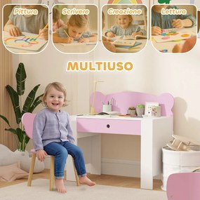 AIYAPLAY Dětská souprava stolu s židlí, studijní stůl s šuplíkem, opěradlo ve tvaru medvídka, 3-8 let, růžová