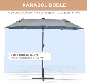 Outsunny Dvojitý slunečník 295x150x219 cm s LED solárními světly, nastavitelné sklopení a manuální klička pro terasu, bazén a pláž, šedý