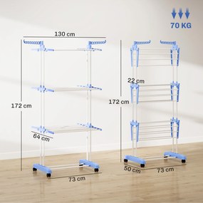 HOMCOM Věžový sušák 73 x 64 x 177 cm výsuvný s kolečky 4 úrovně pro vnitřní i venkovní použití ocelově modrý | Aosom.de
