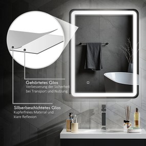 HOMCOM koupelnové zrcadlo, osvětlené, dotykové ovládání, proti zamlžení, stmívatelné, 3 barvy světla, 70x90, stříbrná