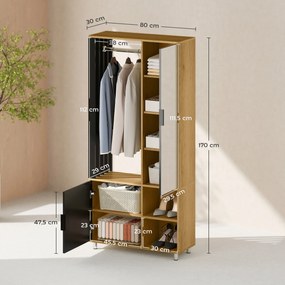 HOMCOM Moderní šatní skříň s zrcadlem, otevřené přihrádky, šatní tyč, 80 x 30 x 170 cm, Přirozené dřevo | Aosom
