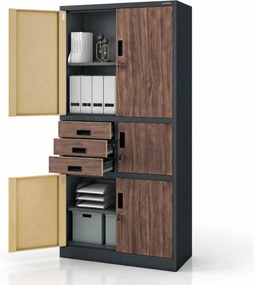 Kovová kancelářská skříň se sejfem antracitová, ořech, 900x1850x400 mm: FILIP II Eco Design
