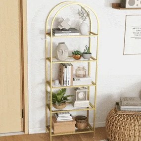 HOMCOM regál s 5 policemi z oceli a tvrzeného skla, 60x30x175 cm, zlatá