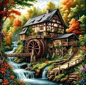 NORIMPEX Diamantové malování Mlýn v lese / 30x40 cm