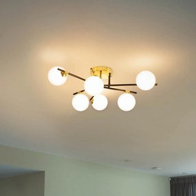 Stropní lampa černá se zlatem a opálovým sklem 6-světlo - Lynn