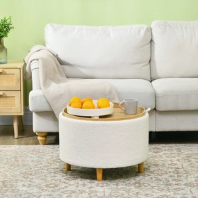 HOMCOM taburet Ø56 x 42 cm, kulatý čalouněný taburet s úložným prostorem a odklápěcím víkem, dřevěné nohy, ideální do obývacího pokoje a ložnice, bíl…