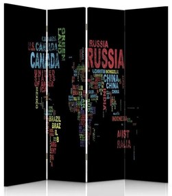 Ozdobný paraván Názvy zemí na mapě světa - 145x170 cm, čtyřdílný, obustranný paraván 360°