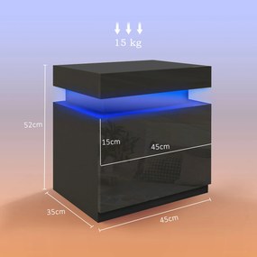 HOMCOM noční stolek s RGB LED světlem, vysokolesklá čelní deska se 2 šuplíky pro obývací pokoj nebo ložnici, černá