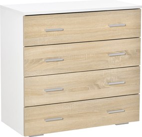 HOMCOM Komoda se 4 šuplíky - Moderní pomocný úložný kabinet do ložnice, chodby nebo obývacího pokoje, 76x35x72 cm, dub a bílá