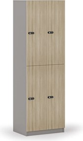 Dřevěná šatní skříňka S4 s úložnými boxy, 4 boxy, demont, mechanický kódový zámek, šedá/dub přírodní