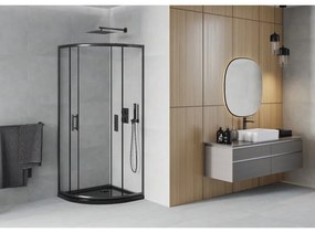Mexen Rio, čtvrtkruhový sprchový kout s posuvnými dveřmi 80 x 80 cm, 5mm čiré sklo, černý profil + černá sprchová vanička, 863-080-080-70-00-4170B