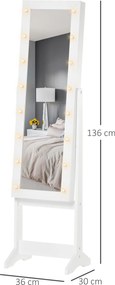 HOMCOM LED šperkovnice se zrcadlem, zrcadlová skříňka, stojací zrcadlo, police na šperky, nastavitelný zrcadlo, krémově bílá, výška 136 cm