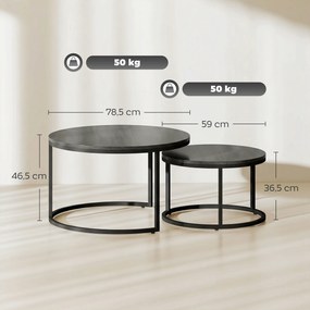 HOMCOM 2dílná sada kulatých zasouvacích stolků s kovovým rámem, vršky v dekoru dřeva, černá — 78,5 × 78,5 × 46,5 cm