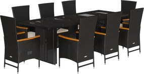 9dílný zahradní jídelní set s poduškami černý polyratan 3277533