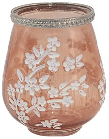 Béžovo-hnědý skleněný svícen na čajovou svíčku s květy Onfroi – 9x10 cm