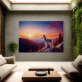 Obraz na plátně - Vlk na skále s magickým západem slunce FeelHappy.cz Velikost obrazu: 60 x 40 cm