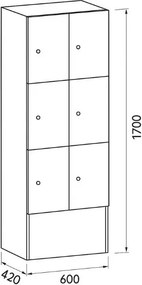 Dřevěná šatní skříňka S5 s odkládacími boxy, 6 boxů, 1700 x 600 x 420 mm, cylindrický zámek, třešeň