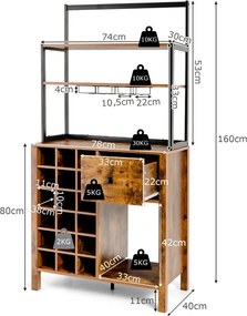 Costway Kuchyňská skříňka 160 cm bufetová s stojanem na víno na 18 lahví vína