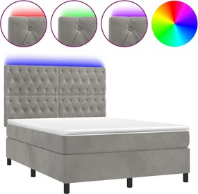 Box spring postel s matrací a LED světle šedá 140x200 cm samet 3136305
