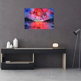 Obraz - Zjevení vesmírných koňů nad jezerem, aquarel (70x50 cm)
