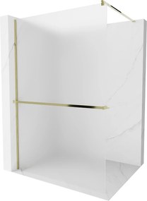 Mexen Kioto+, sprchová zástěna s poličkou a držákem na ručníky 90 x 200 cm, 8mm námraza sklo, zlatý profil, 800-090-121-50-30