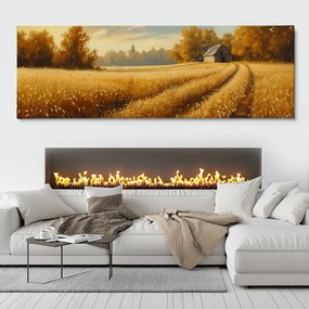 Obraz na plátně - Opuštěná stodola u zlatavého pole FeelHappy.cz Velikost obrazu: 90 x 30 cm